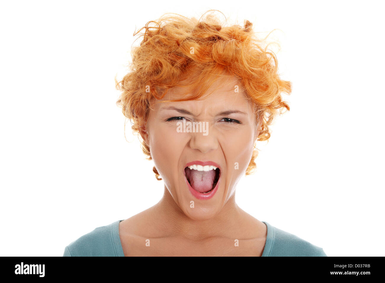 Furiouse young redhead woman screaming. Isolated on white Stock Photo ...