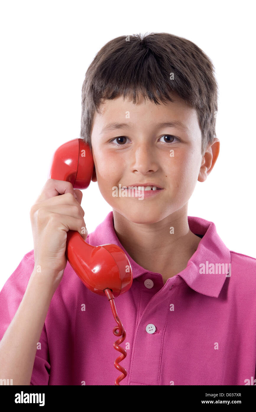 Adorable child on the phone isolated over white Stock Photo - Alamy