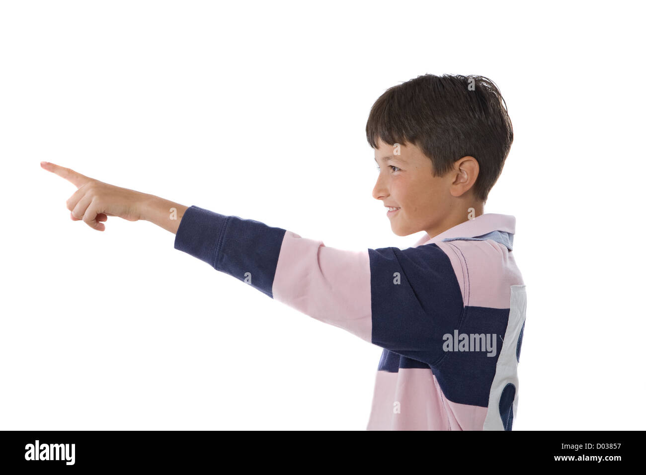 Happy boy pointing with her finger on a white background Stock Photo ...