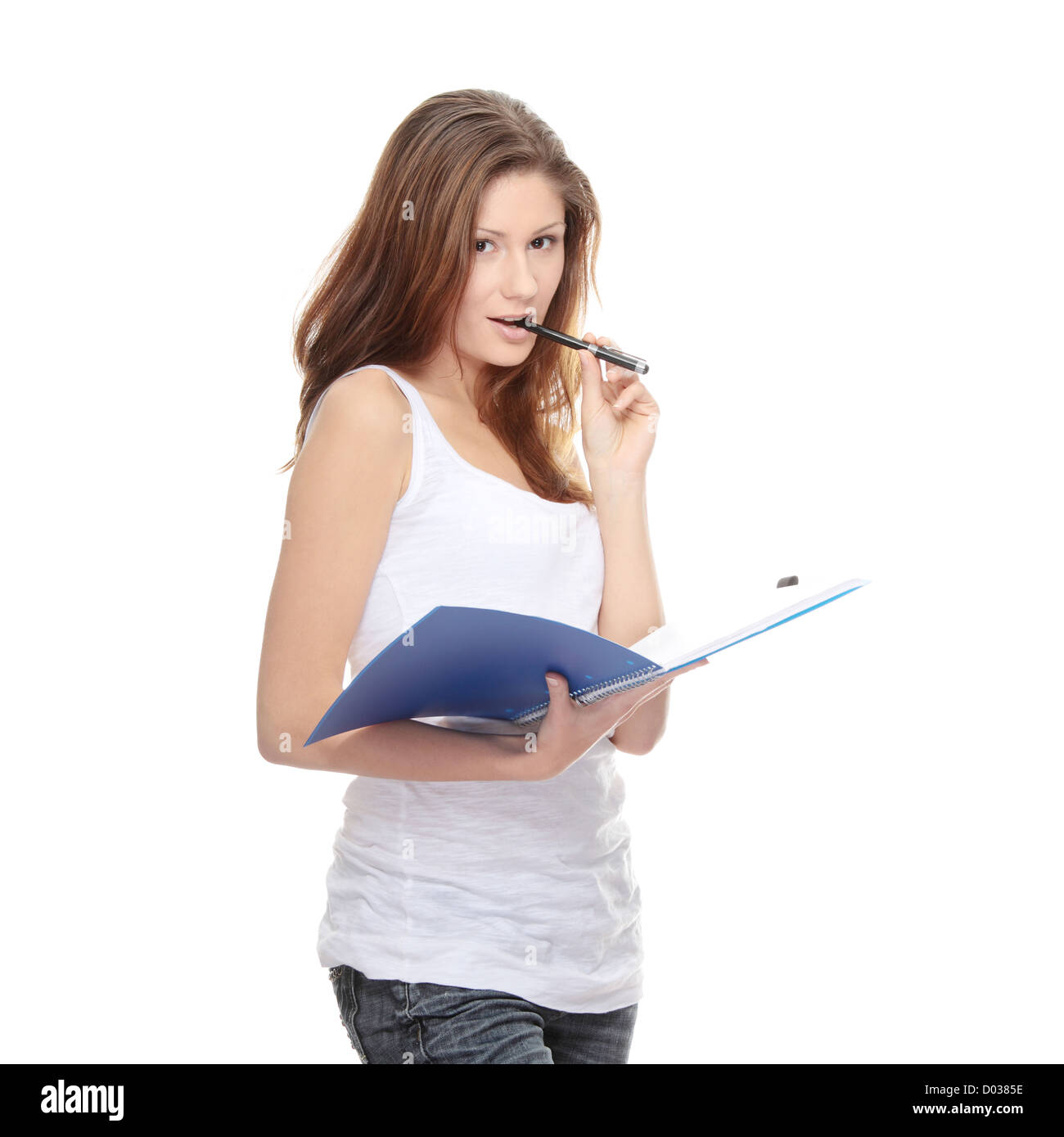 Student woman with note pad and pen isolated on white background Stock ...