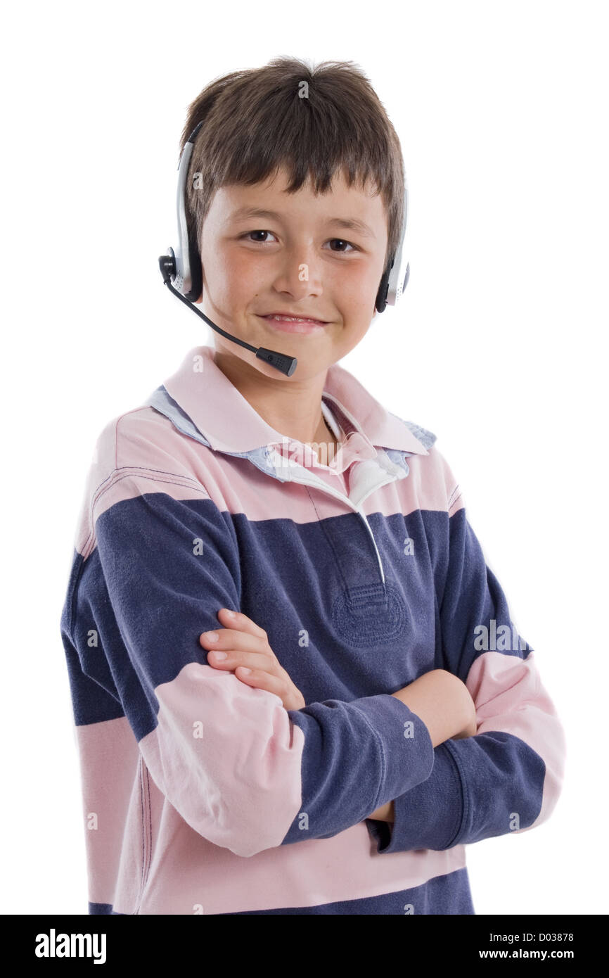 Adorable child with headphones isolated over white Stock Photo - Alamy