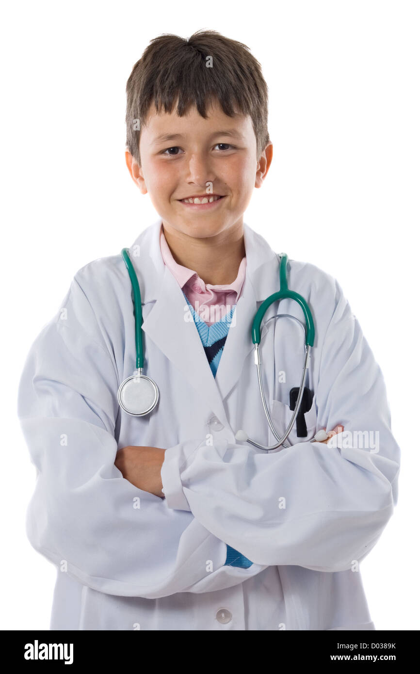 Adorable boy with clothes of doctor isolated on white Stock Photo - Alamy