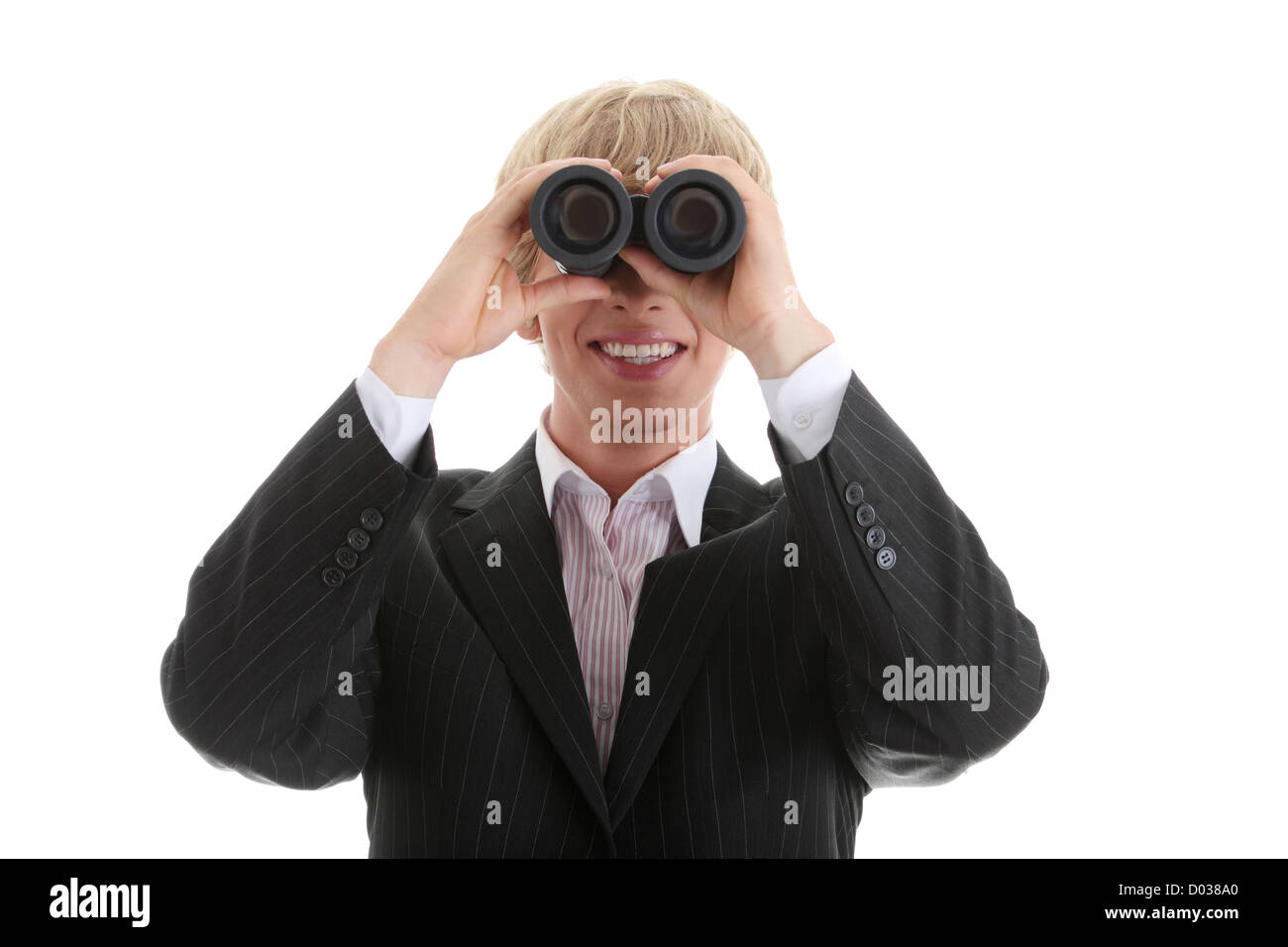 Business Vision concept - young man with binoculars isolated on white ...