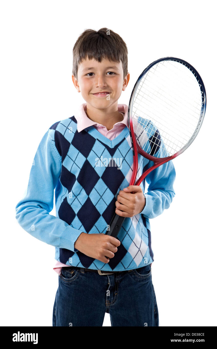 Adorable boy with racket of tennis on a over white background Stock ...