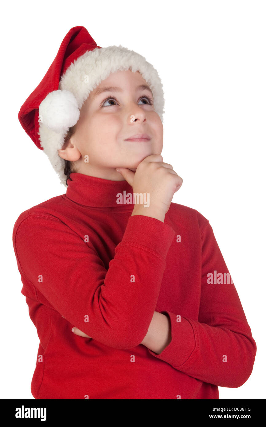 Adorable boy with santa hat isolated thinking on white background Stock ...