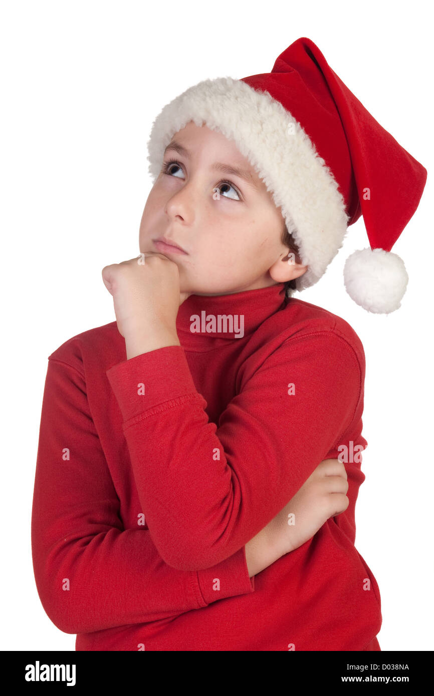 Adorable boy with santa hat isolated thinking on white background Stock ...
