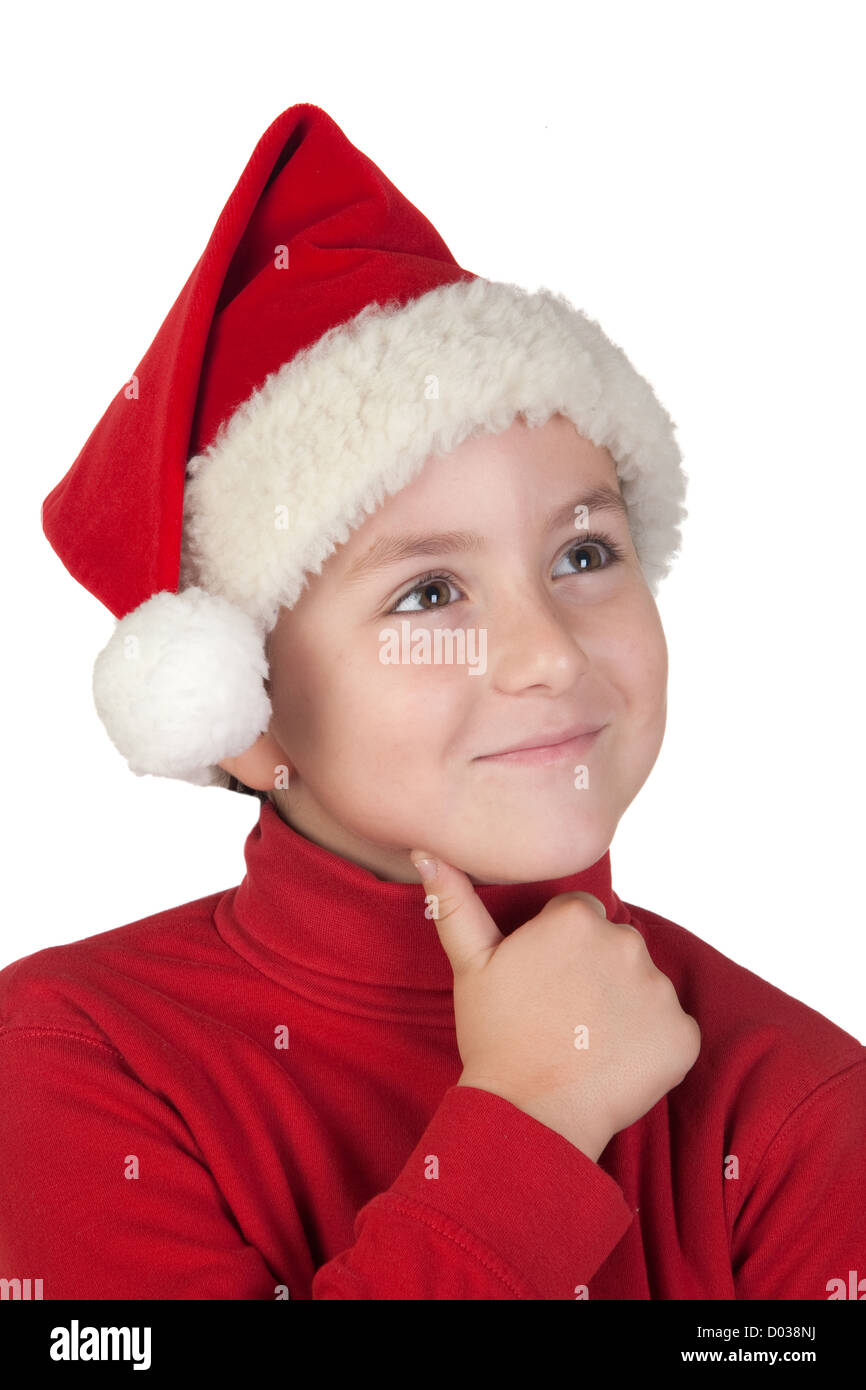 Adorable boy with santa hat isolated thinking on white background Stock ...