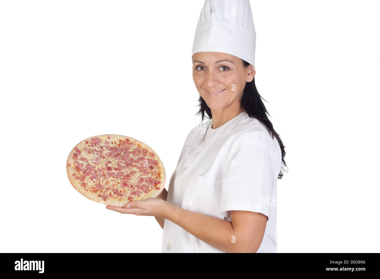 Pretty cook girl with a delicious pizza isolated on white background ...