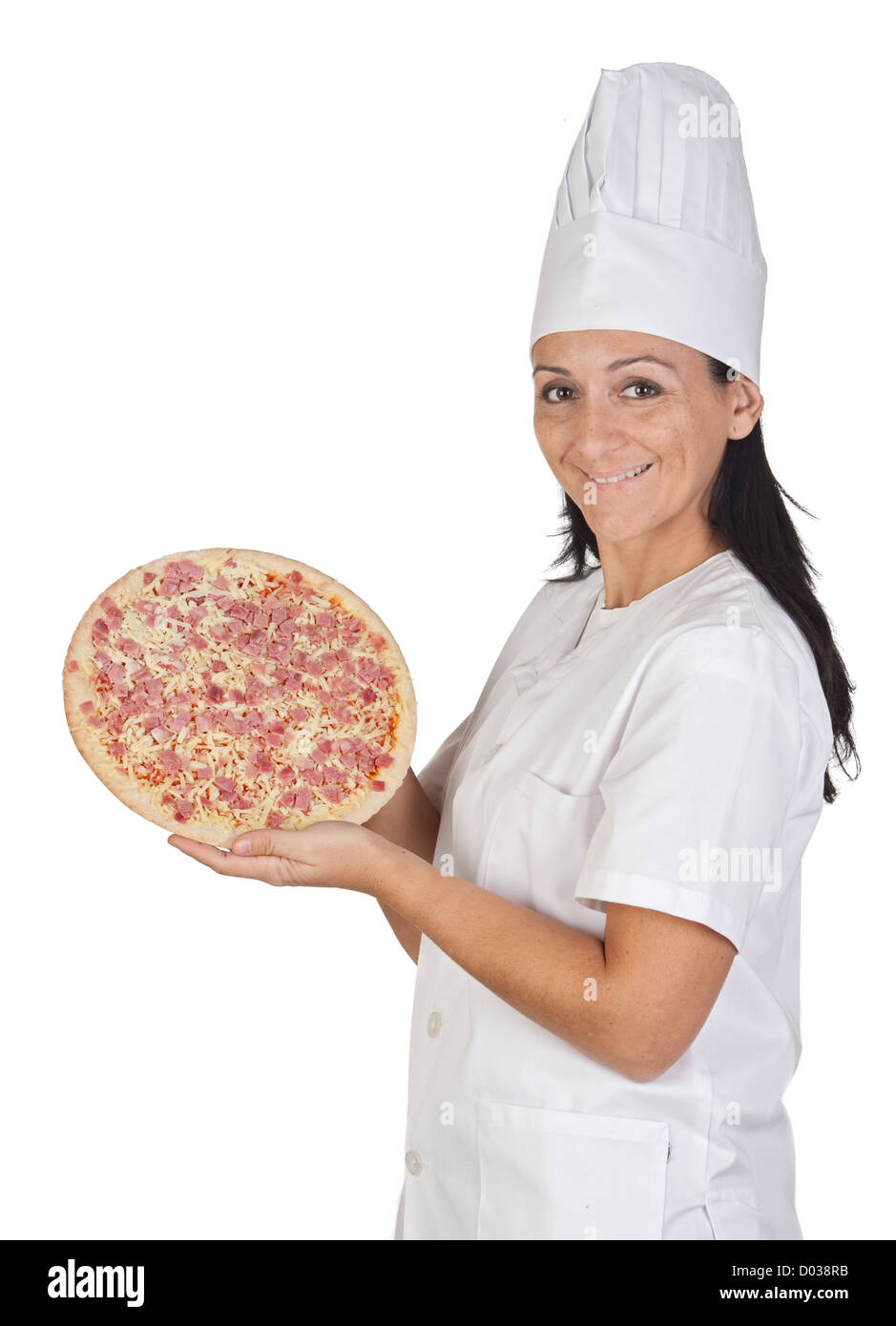 Pretty cook girl with a delicious pizza isolated on white background ...