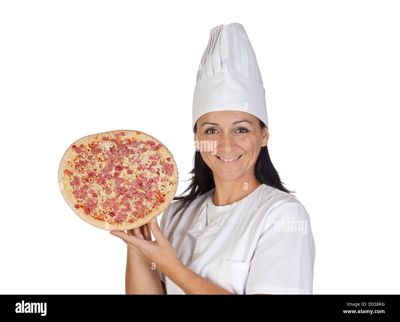 Pretty cook girl with a delicious pizza isolated on white background ...