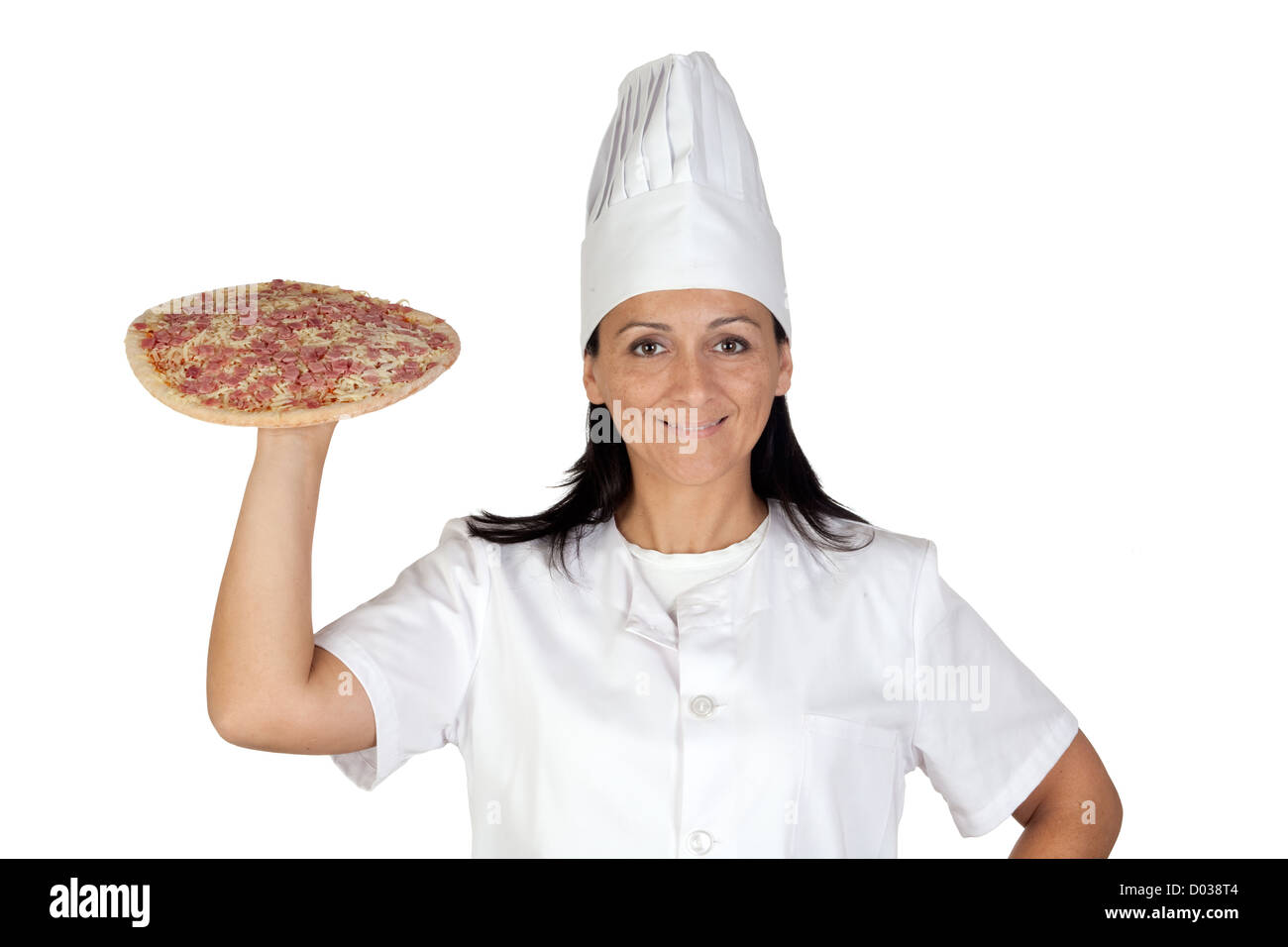 Pretty cook girl with a delicious pizza isolated on white background ...