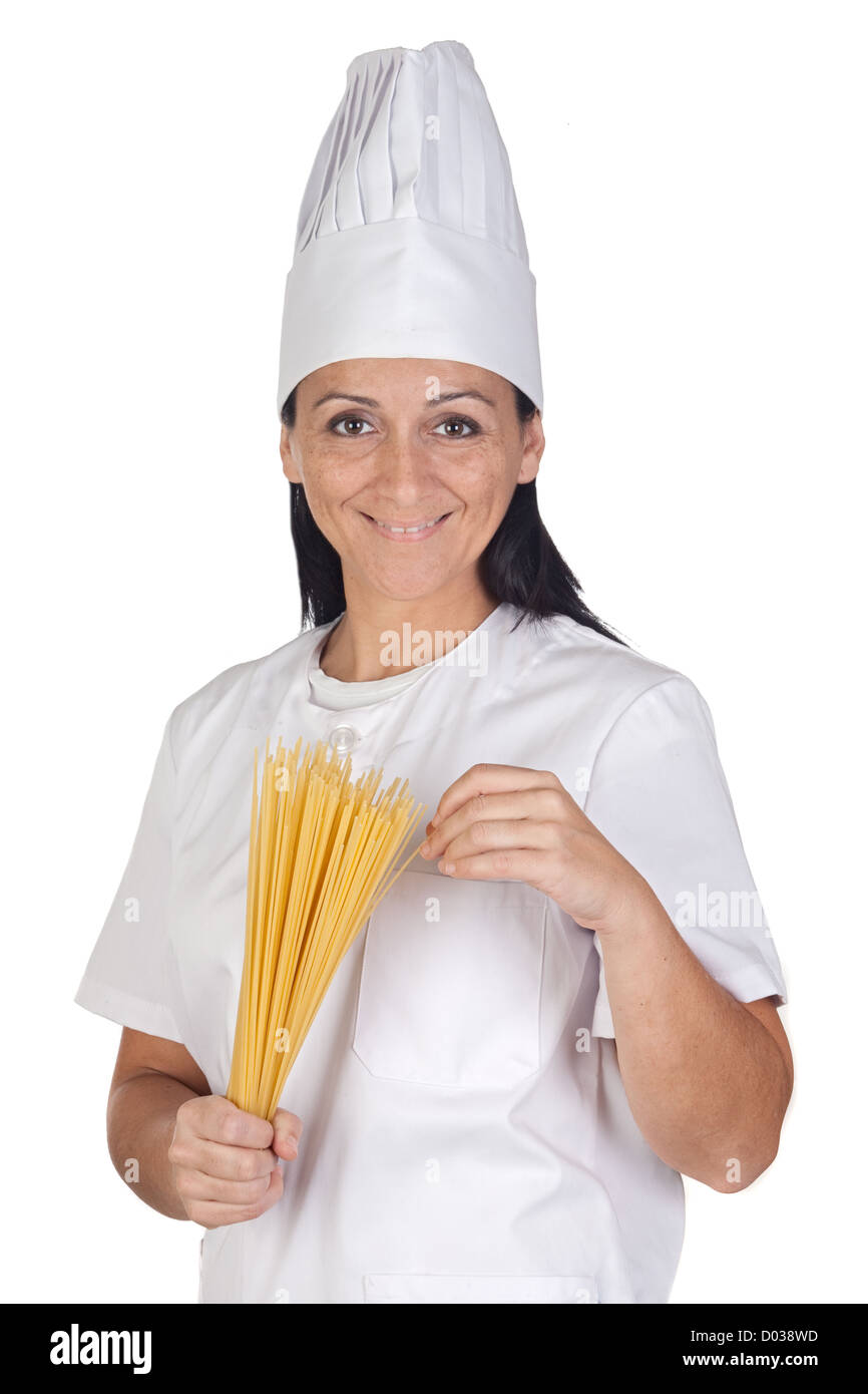Pretty cook girl with long spaghetti isolated on white background Stock ...