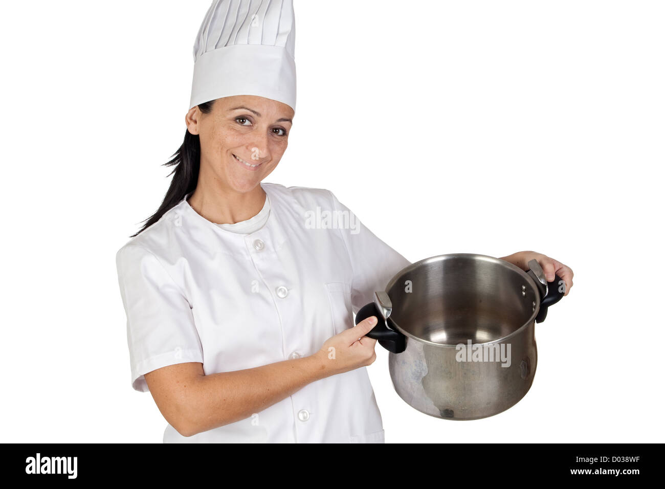 Pretty cook girl with a pot isolated on white background Stock Photo ...