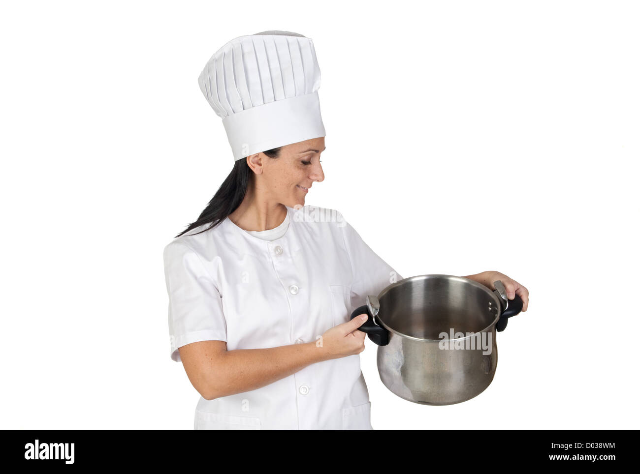Pretty cook girl with a pot isolated on white background Stock Photo ...