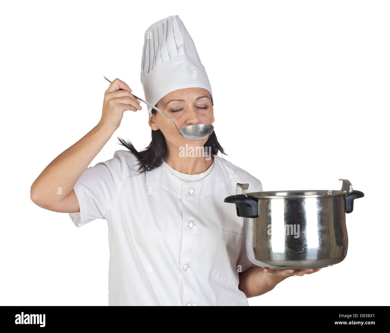 Pretty cook girl testing a meal isolated on white background Stock ...