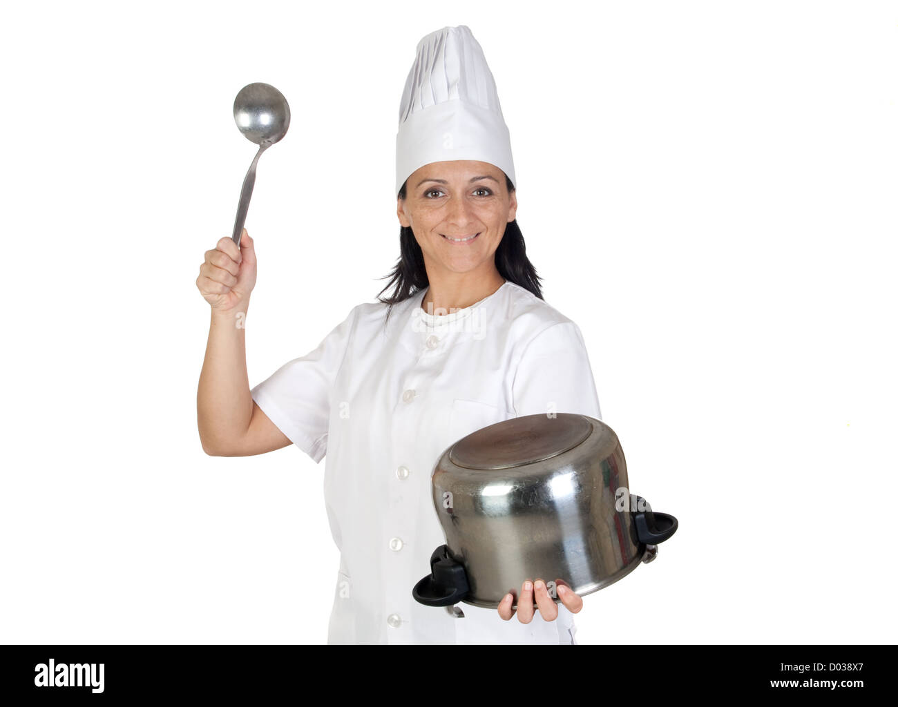 Pretty cook girl hitting a pot isolated on white background Stock Photo ...