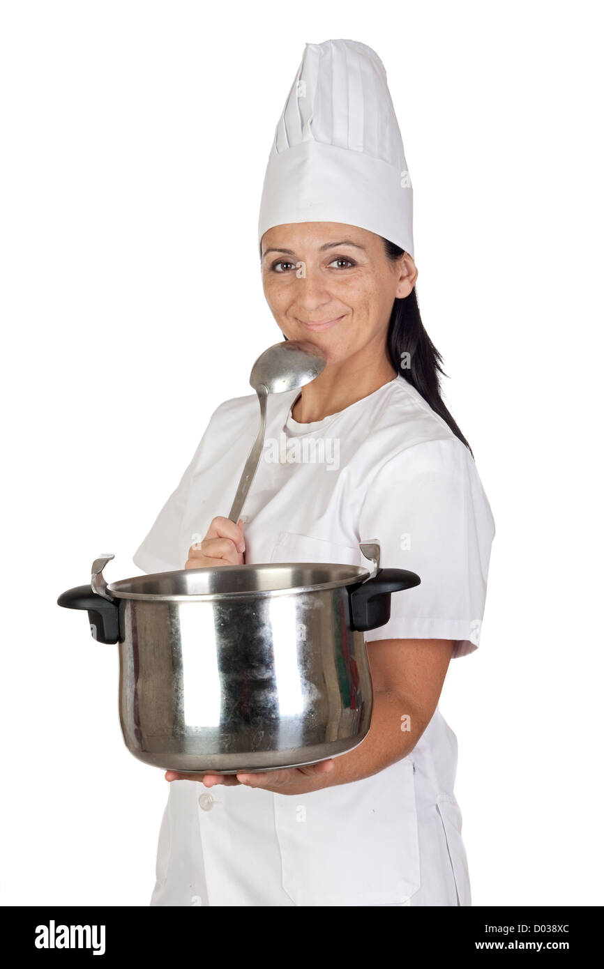 Pretty cook girl thinking with a pot and ladle isolated on white ...