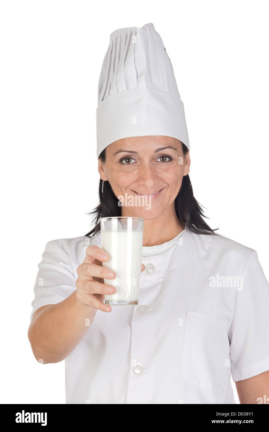 Pretty cook girl drinking milk isolated on white background Stock Photo ...