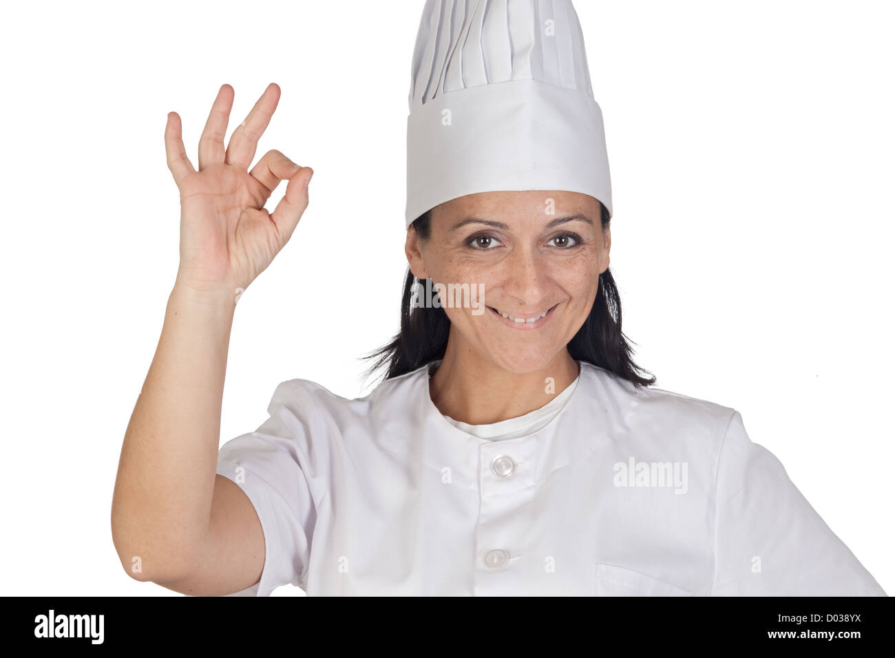 Pretty cook girl with uniform accepting isolated on white background ...