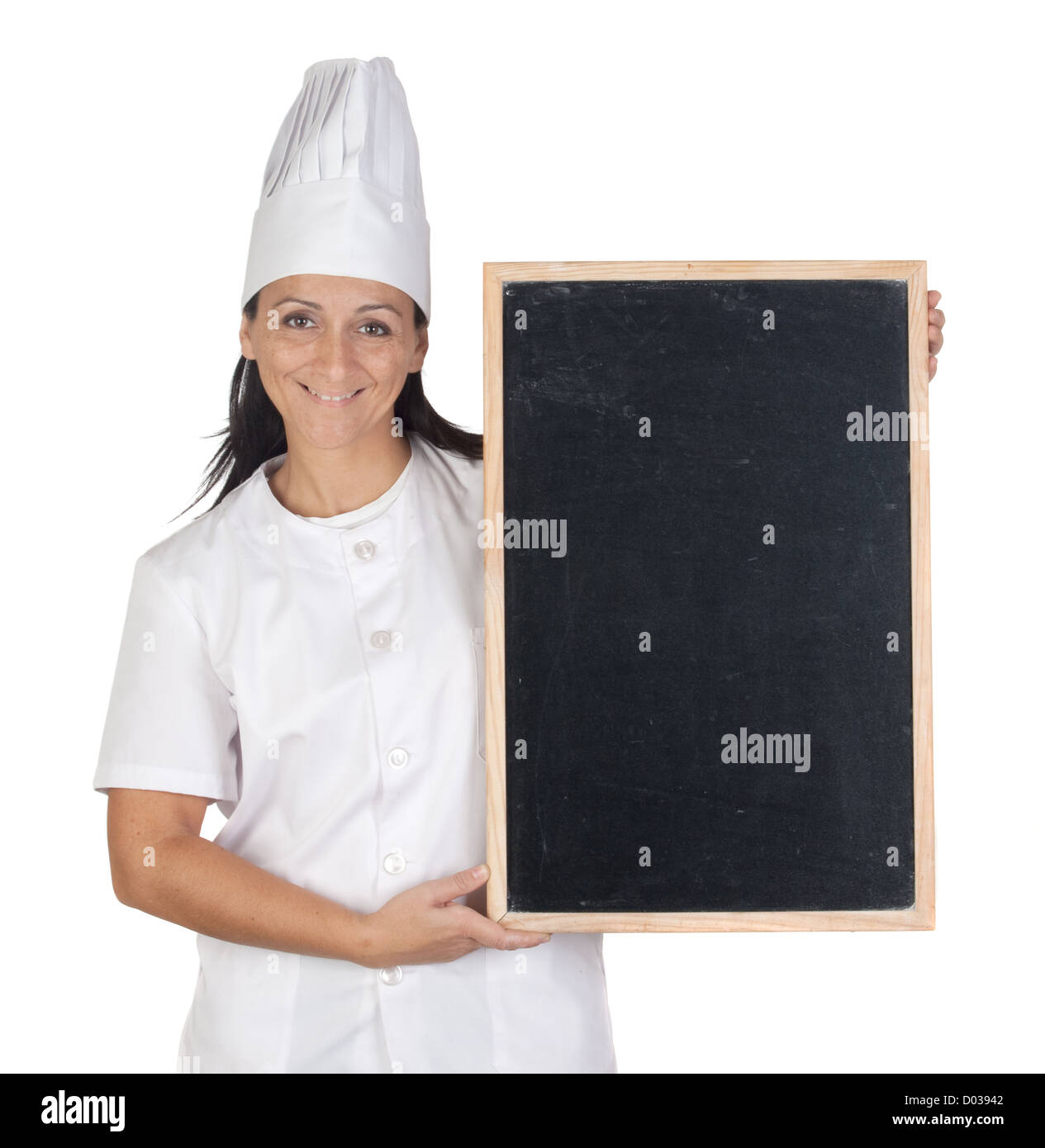 Pretty cook girl with blank slate isolated on white background Stock ...