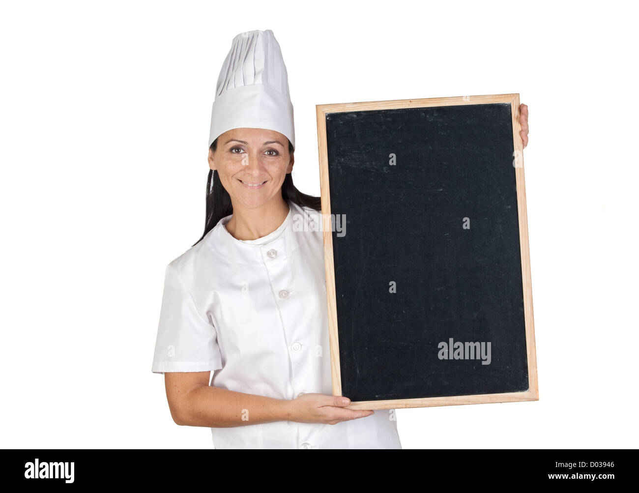 Pretty cook girl with blank slate isolated on white background Stock ...