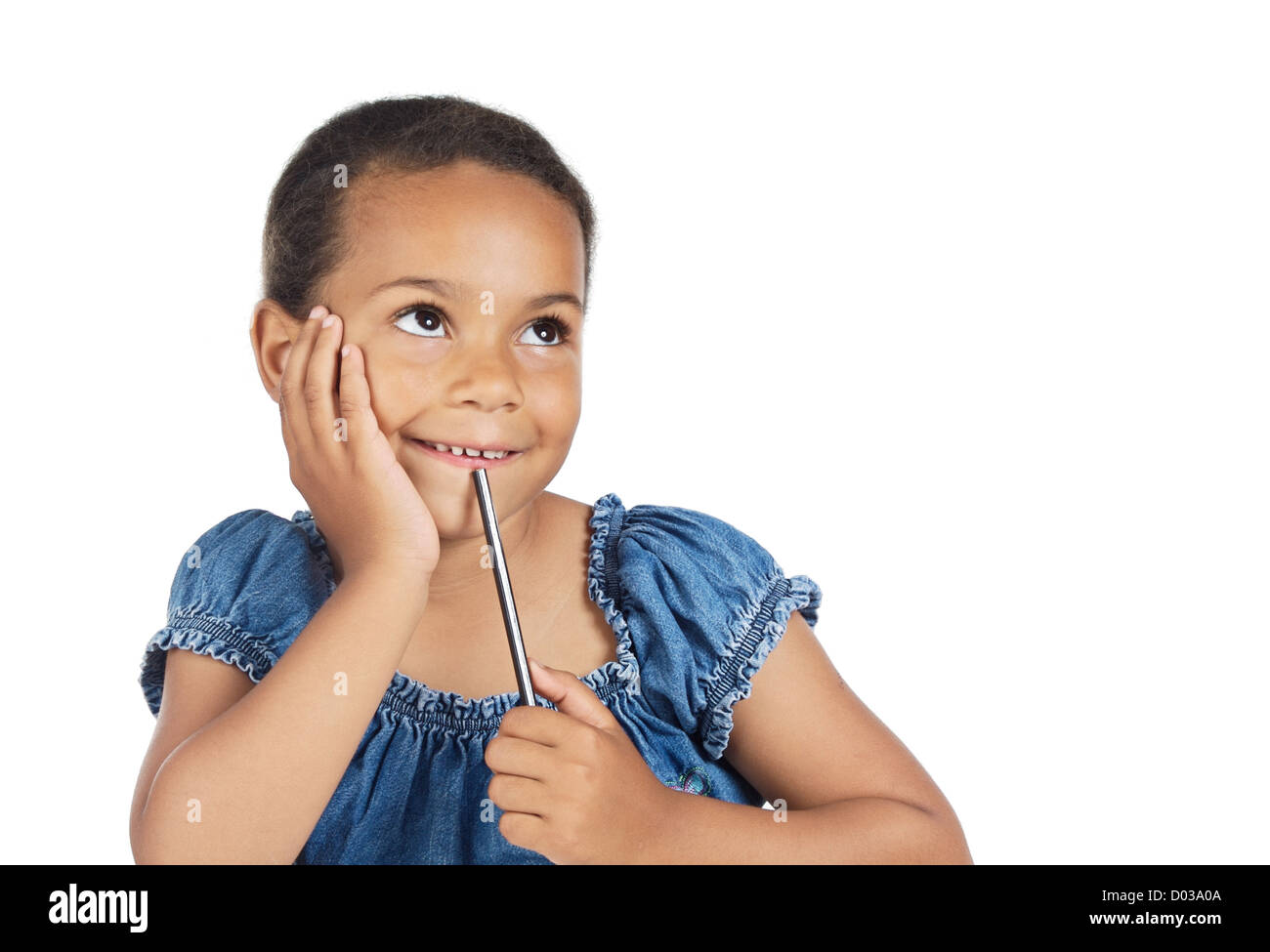 Beautiful girl imagining something isolated on white Stock Photo - Alamy