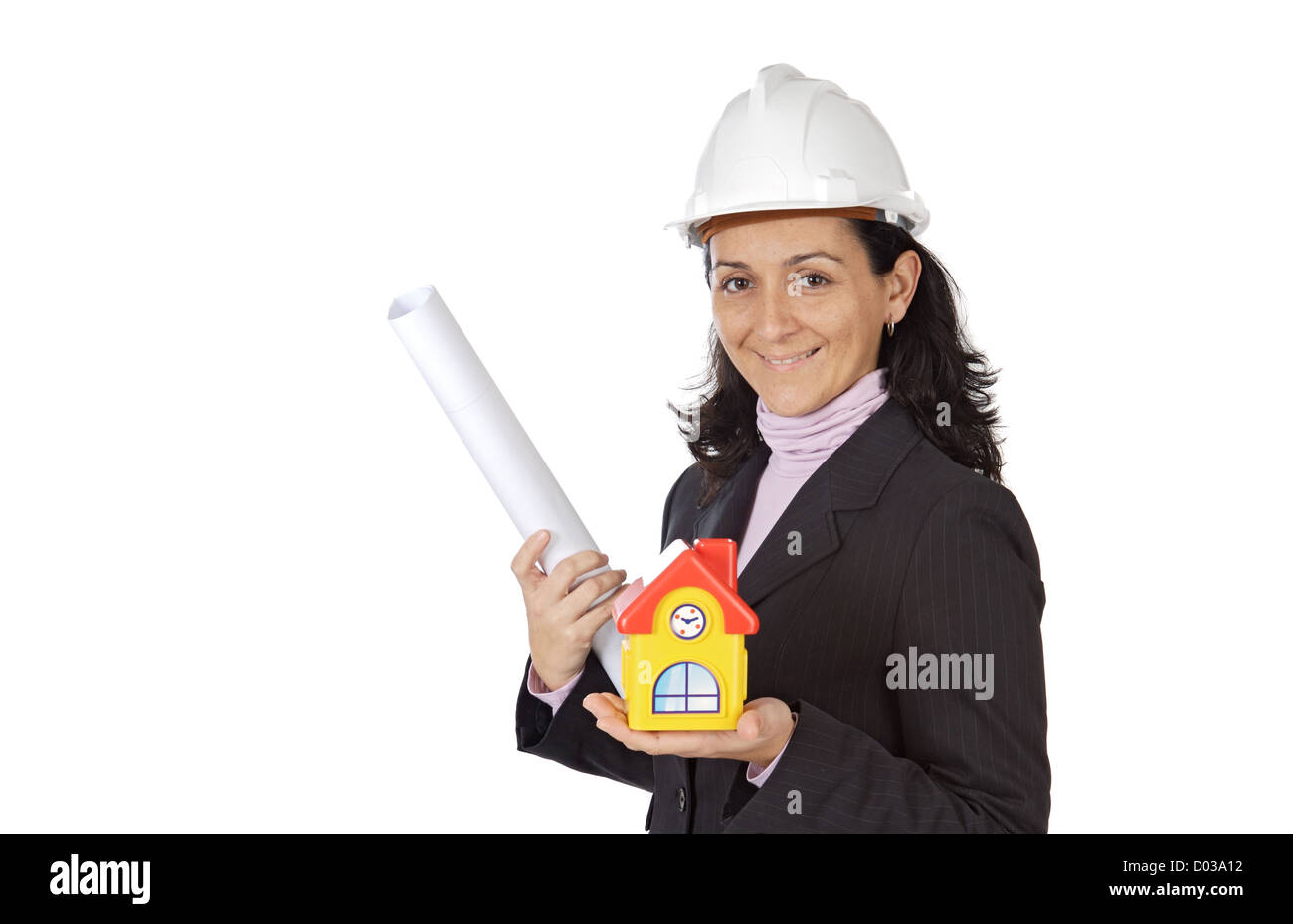Attractive lady architect on a over white background Stock Photo - Alamy