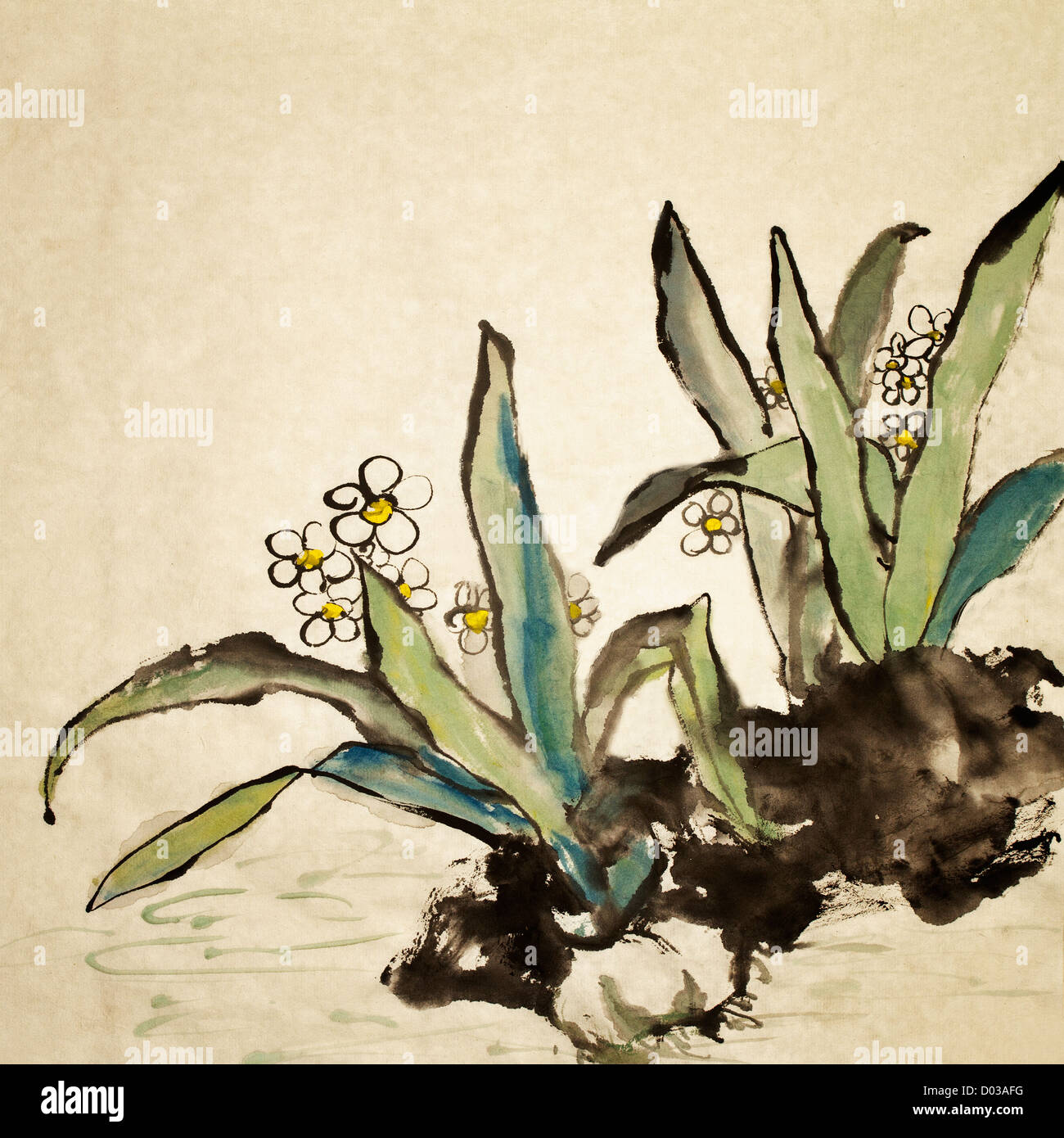 Chinese painting, traditional art with flower in color on art paper ...