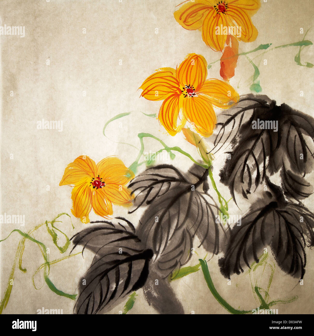 Chinese painting, traditional art with flower in color on art paper ...