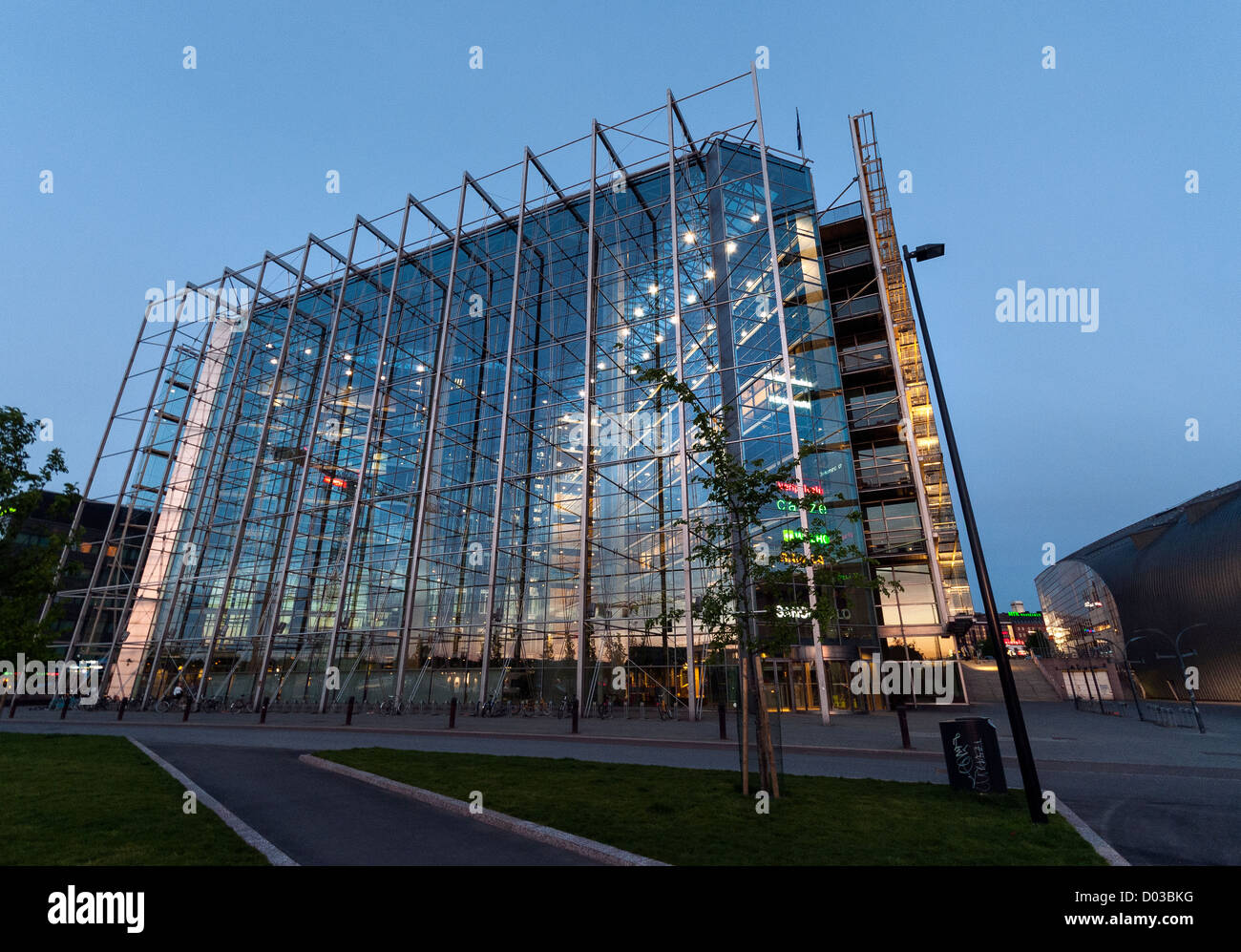 Exterior of the Sanomat building by night in Helsinki in Finland Stock ...