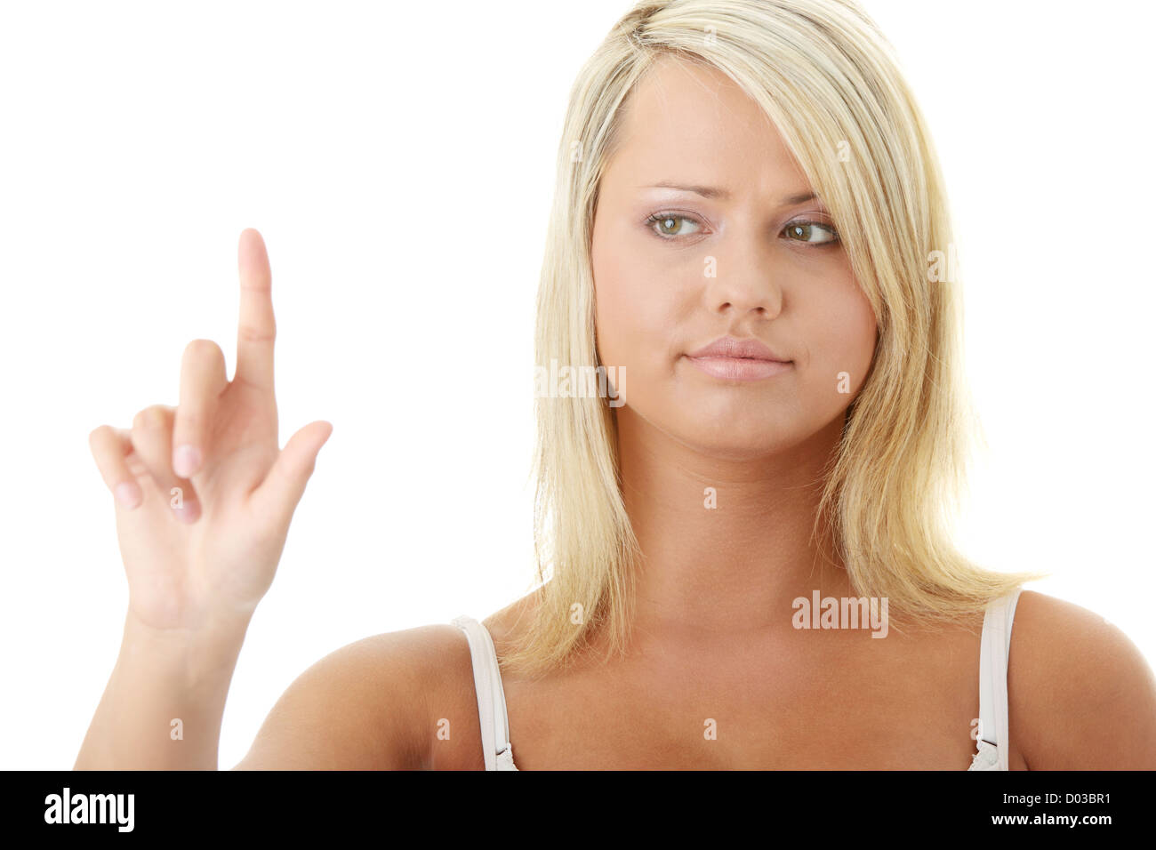 Young blond woman touching screen Stock Photo - Alamy