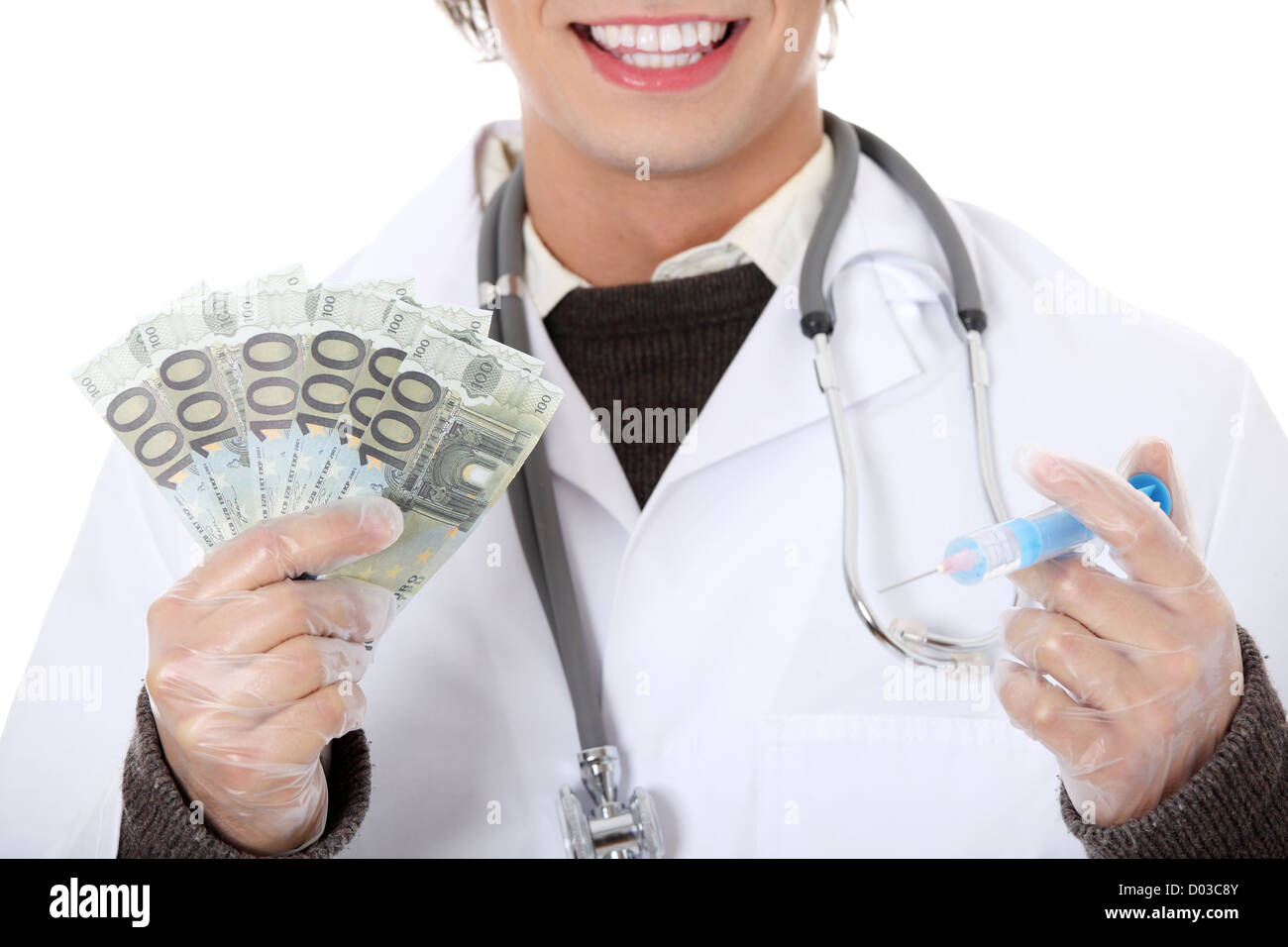 Happy doctor with money. Isolated on white background Stock Photo - Alamy