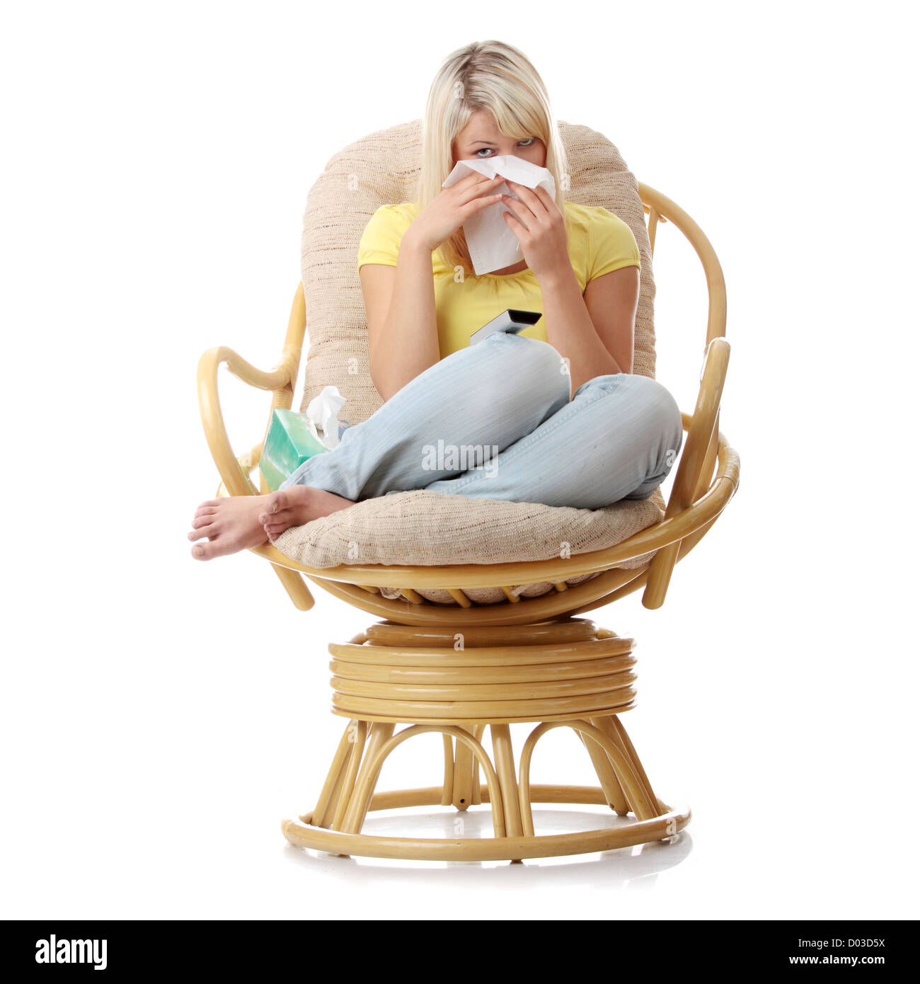 Young blond woman with remote control watching tv and crying Stock ...