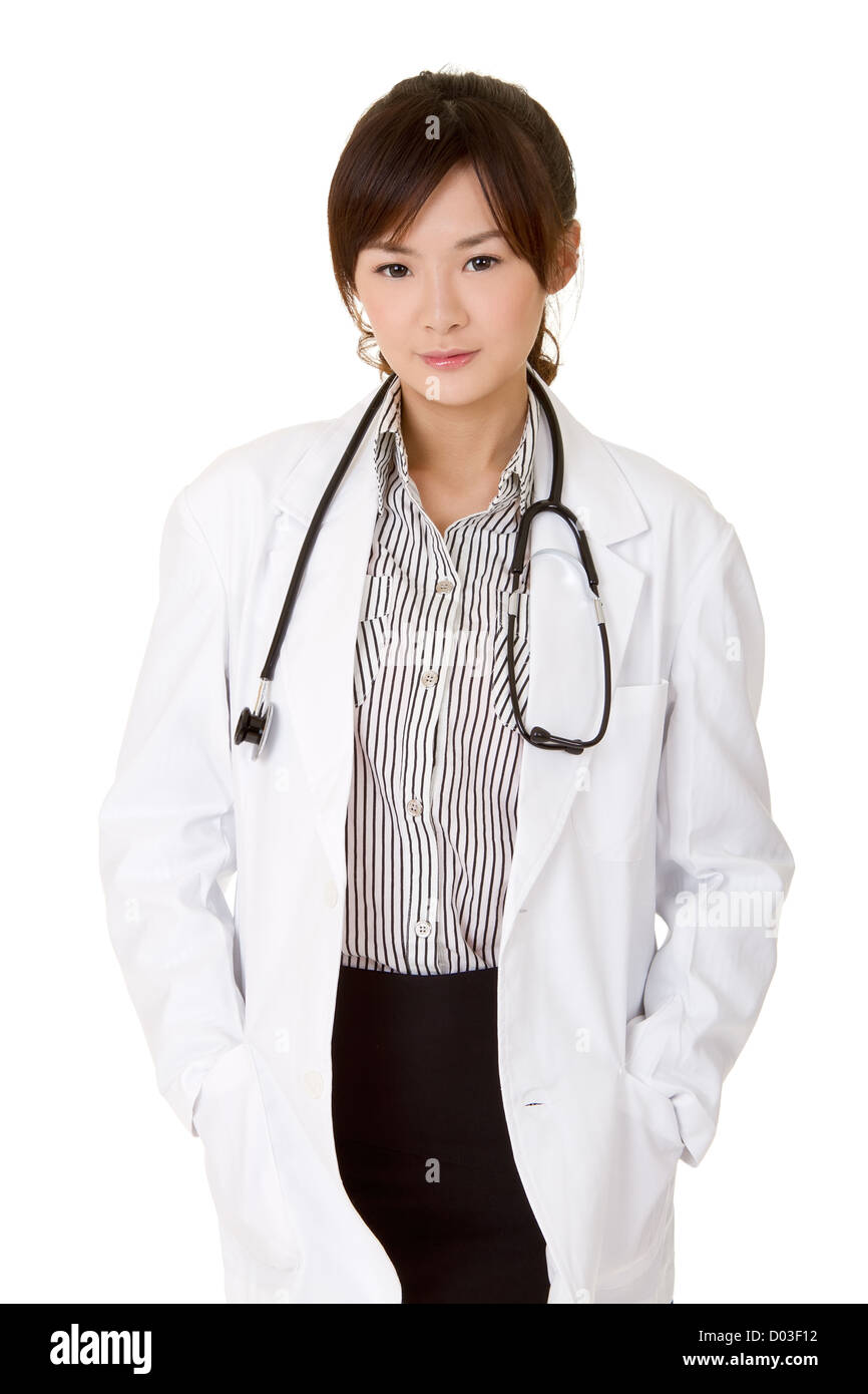 Professional Asian doctor woman, closeup portrait on white background ...