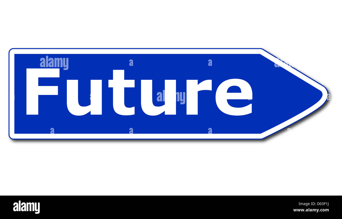 future road sign isolated on white background showing time concept ...