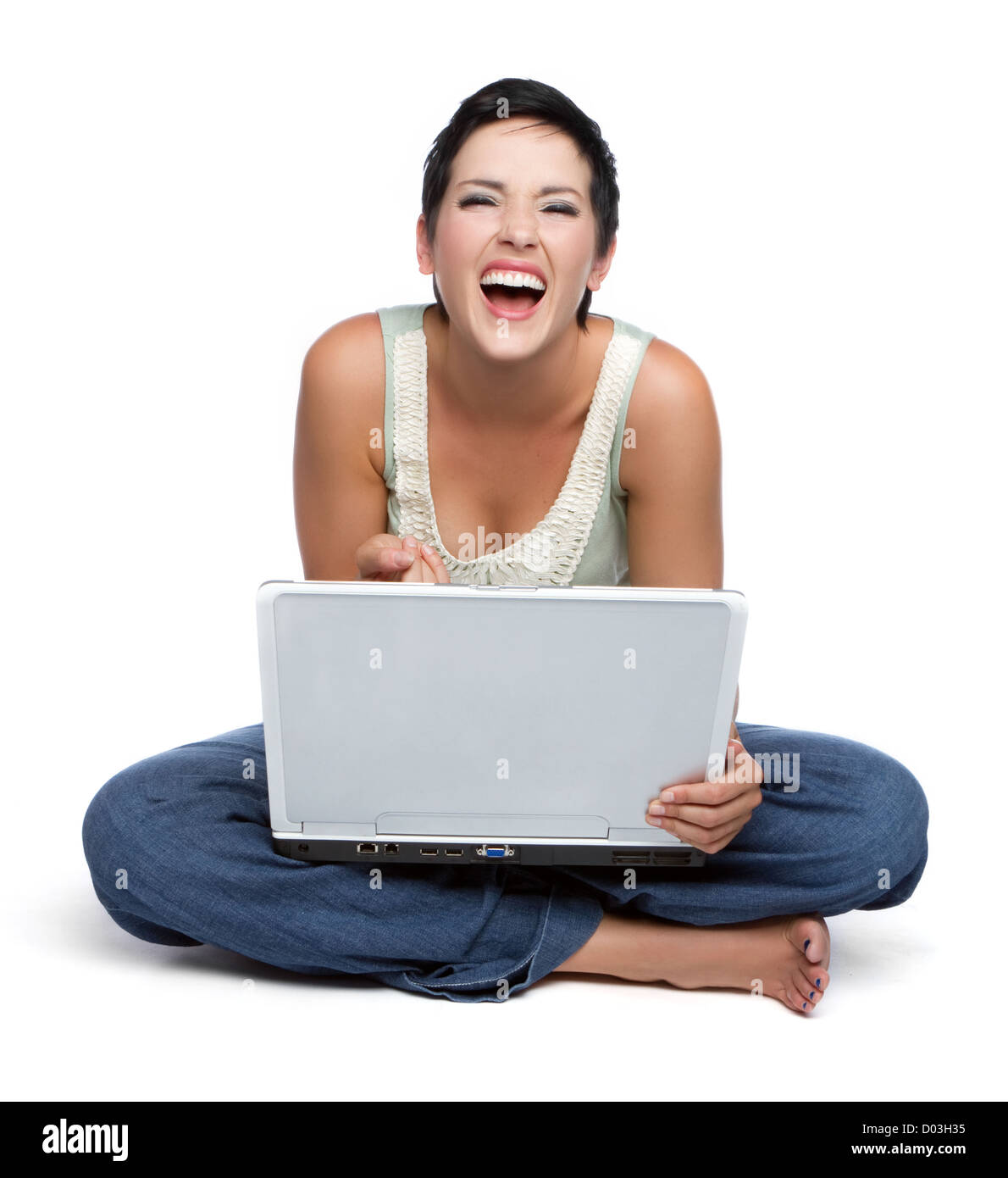Laughing laptop computer woman isolated Stock Photo - Alamy