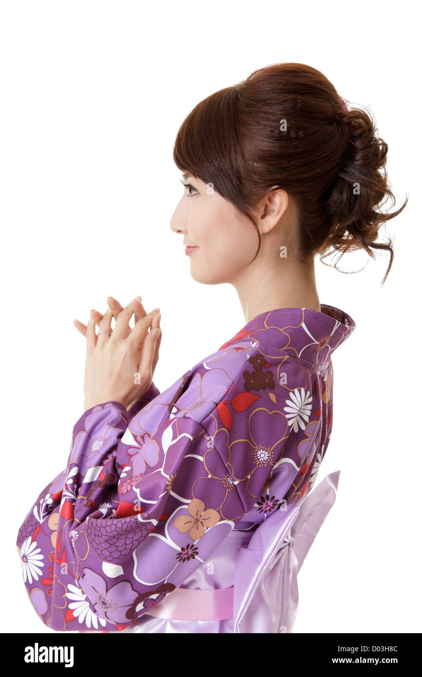 Japanese woman praying, closeup portrait of Asian lady in traditional ...