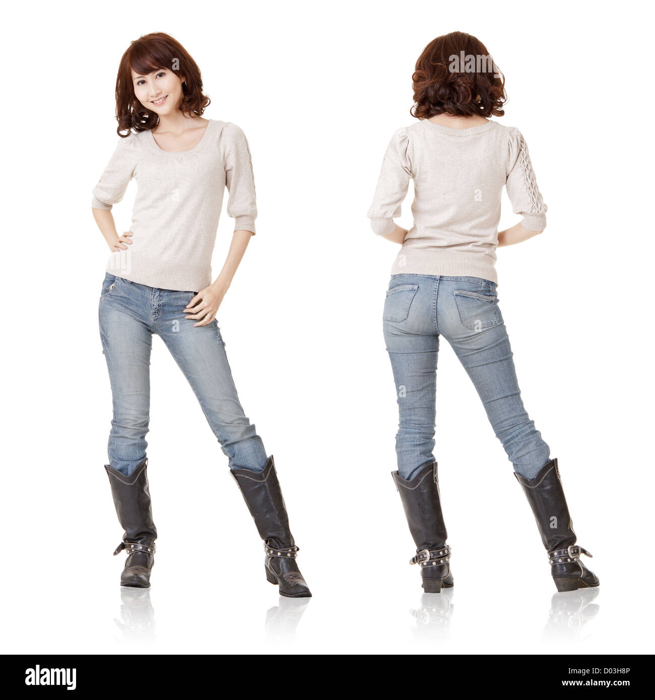 Asian woman, full length portrait of front and back view isolated on ...