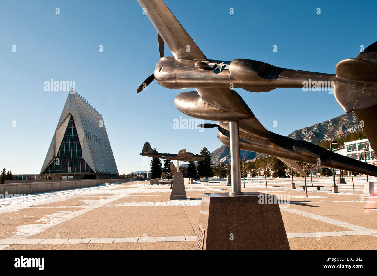 USA, CO, USAFA. Study Hall Outdoor Sculpture Garden holds scaled bronze ...
