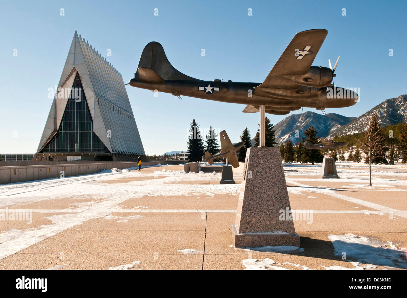 USA, CO, USAFA. Study Hall Outdoor Sculpture Garden holds scaled bronze ...