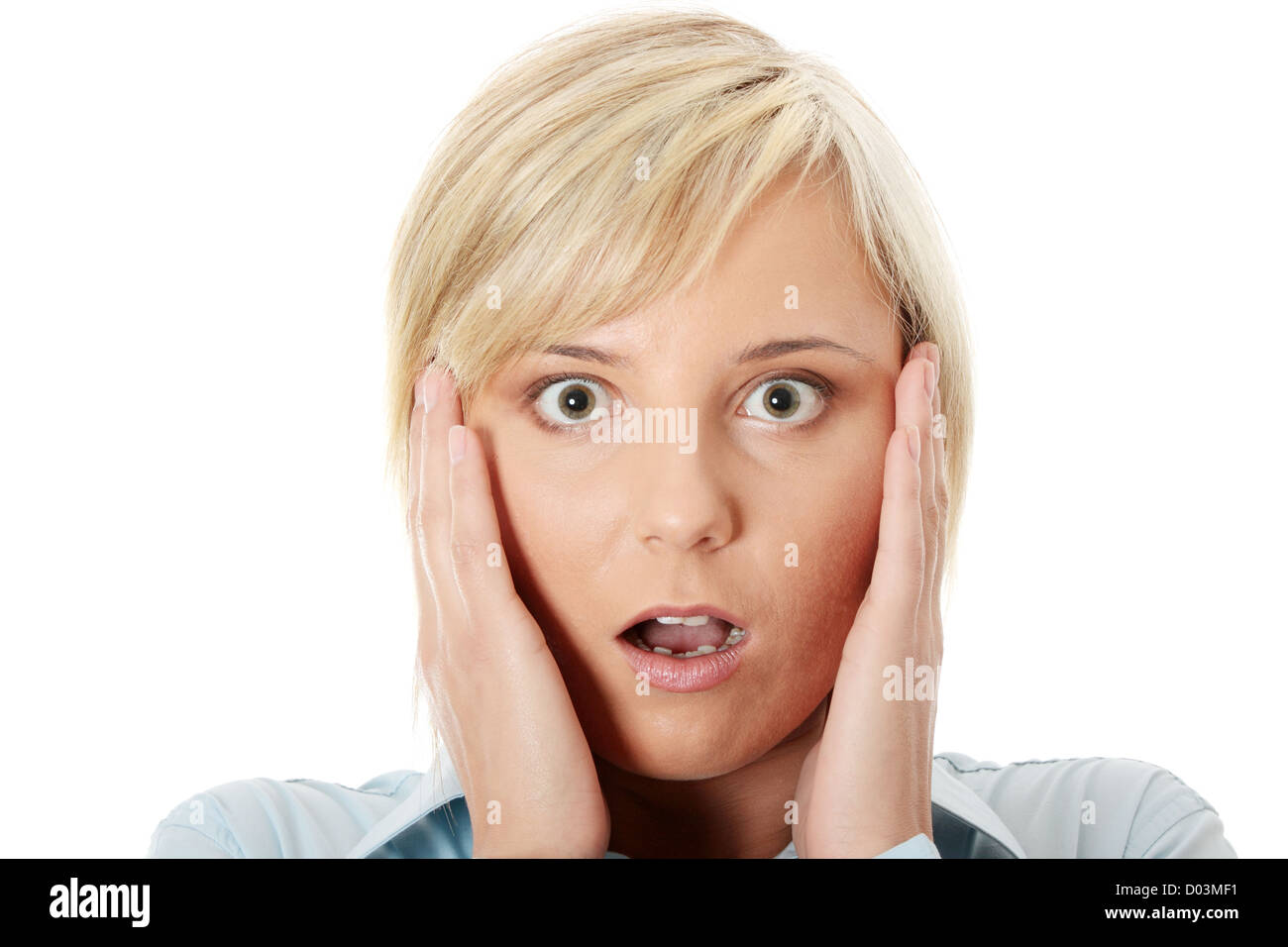 Amazed woman isolated on white background Stock Photo - Alamy