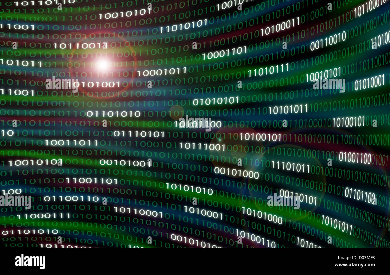 Curved wall of binary code with bytes highlighted and lens flare Stock ...