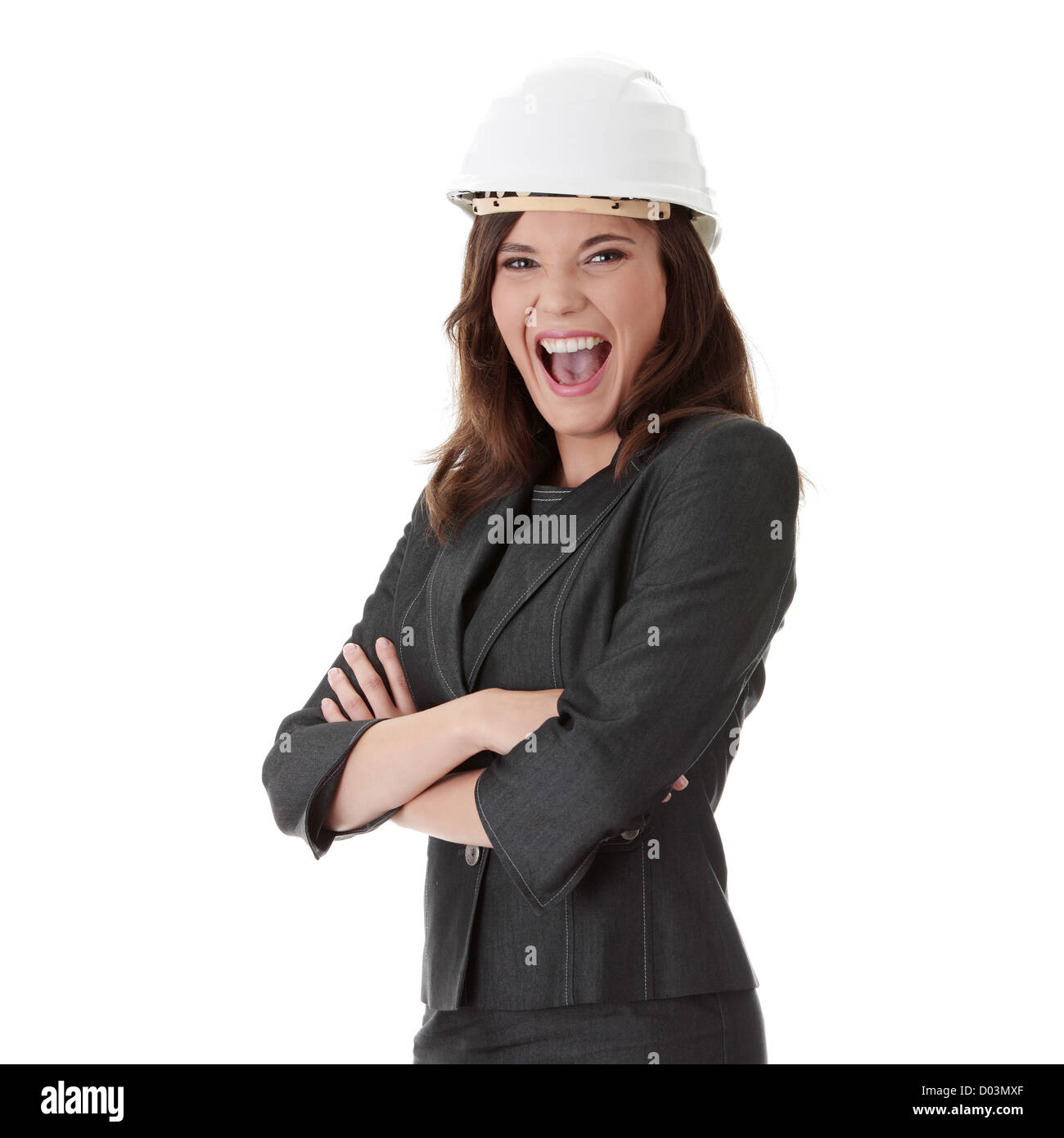 Portrait of confident female worker in white helmet Stock Photo - Alamy