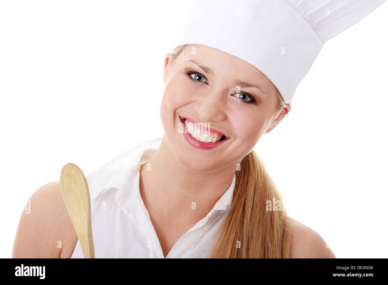 Young beautiful female cook, isolated on white Stock Photo - Alamy