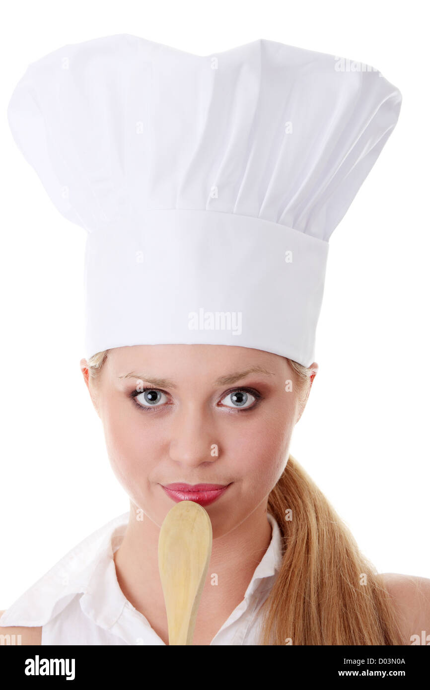 Young beautiful female cook, isolated on white Stock Photo - Alamy