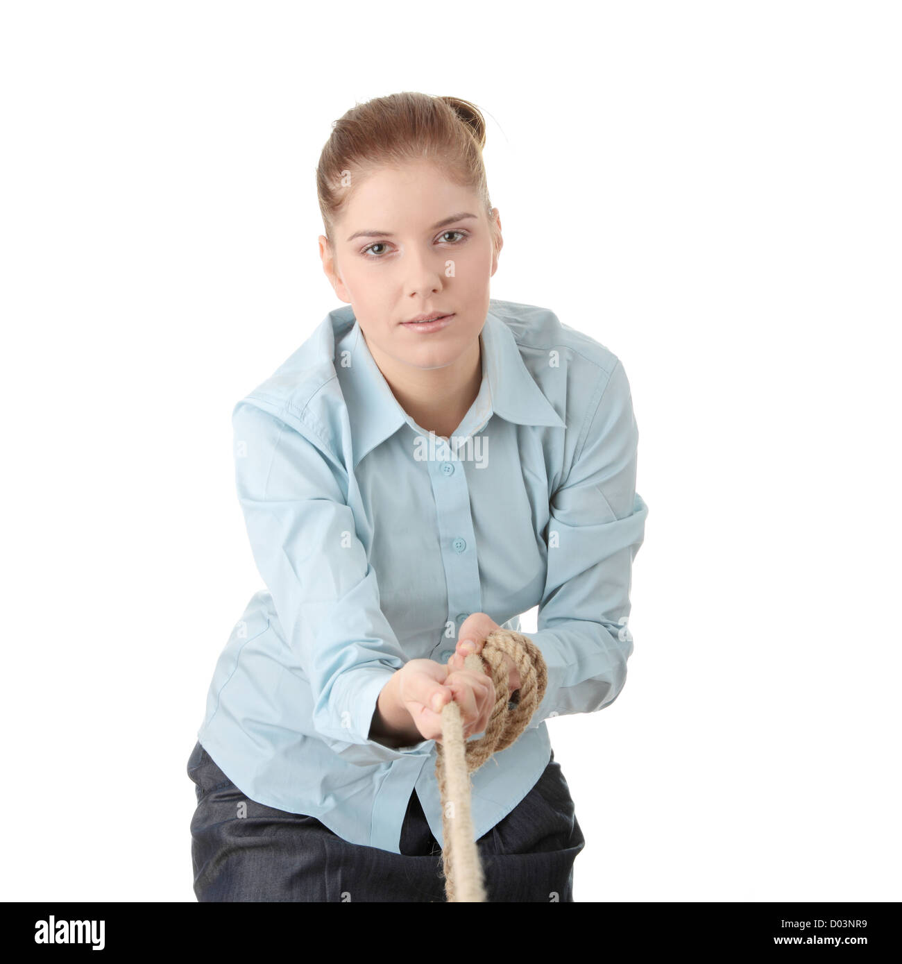 Business woman pulling the rope, isolated on white Stock Photo - Alamy