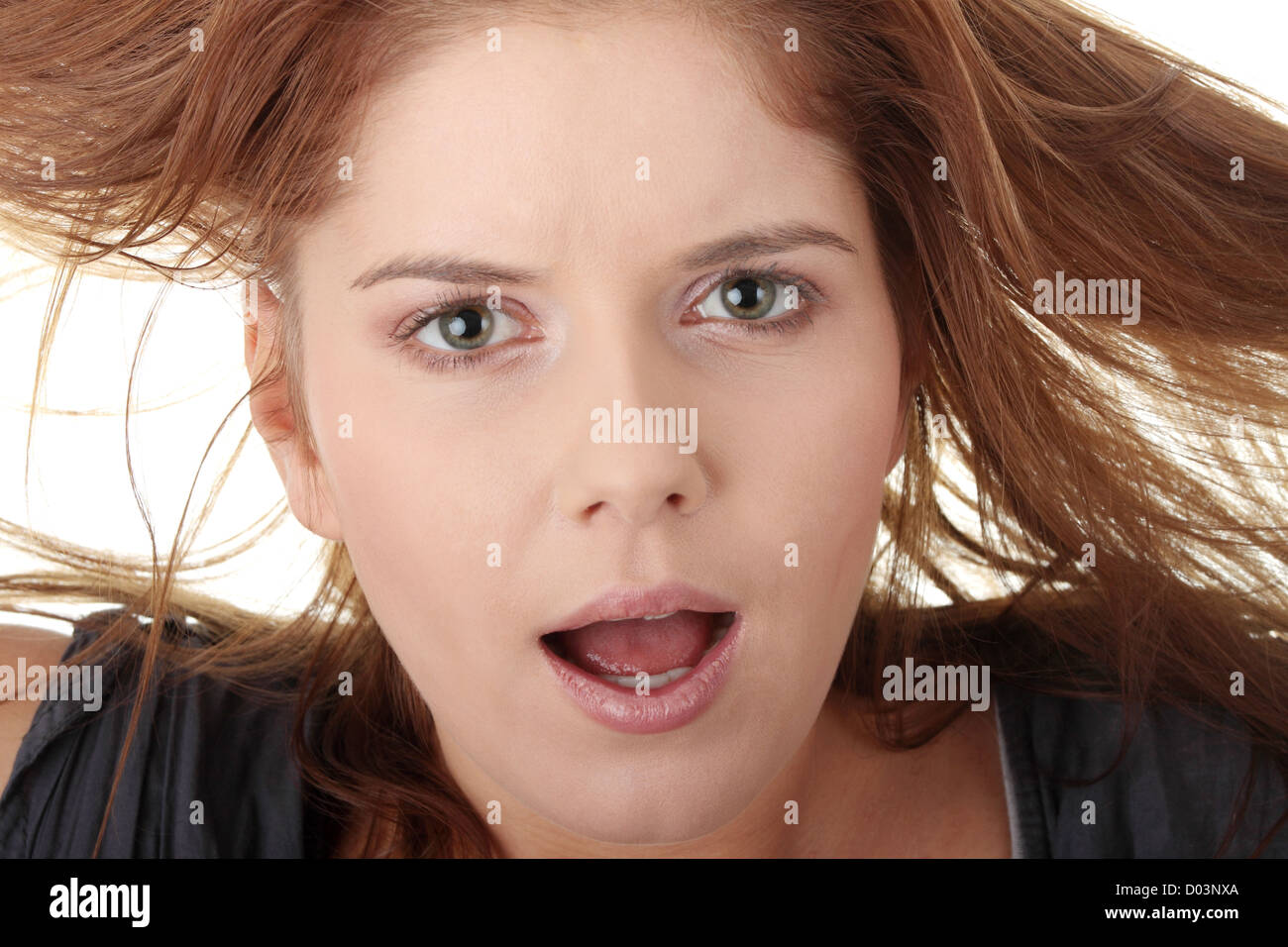 Trouble woman isolated on white background Stock Photo - Alamy