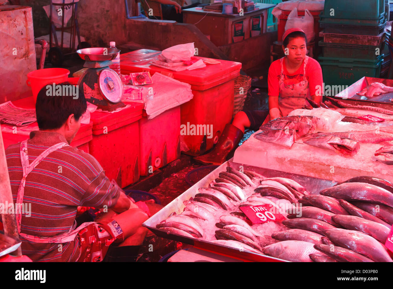 Seafood under red Light on a Fish Market in Bangkok, Thailand Stock ...
