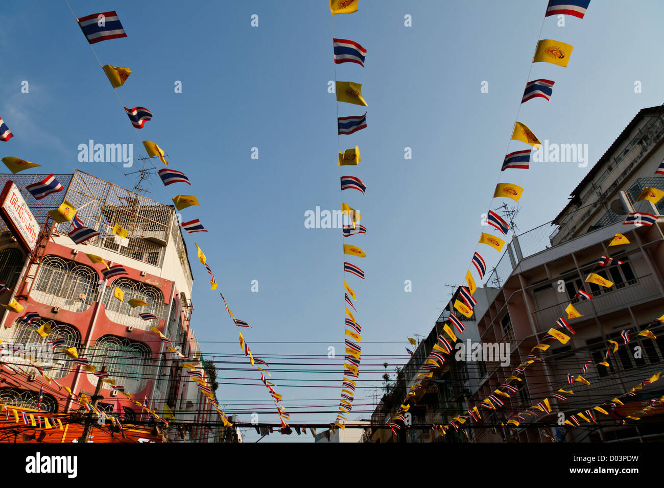 Colorful little Flags over the Street in Bangkok, Thailand Stock Photo ...