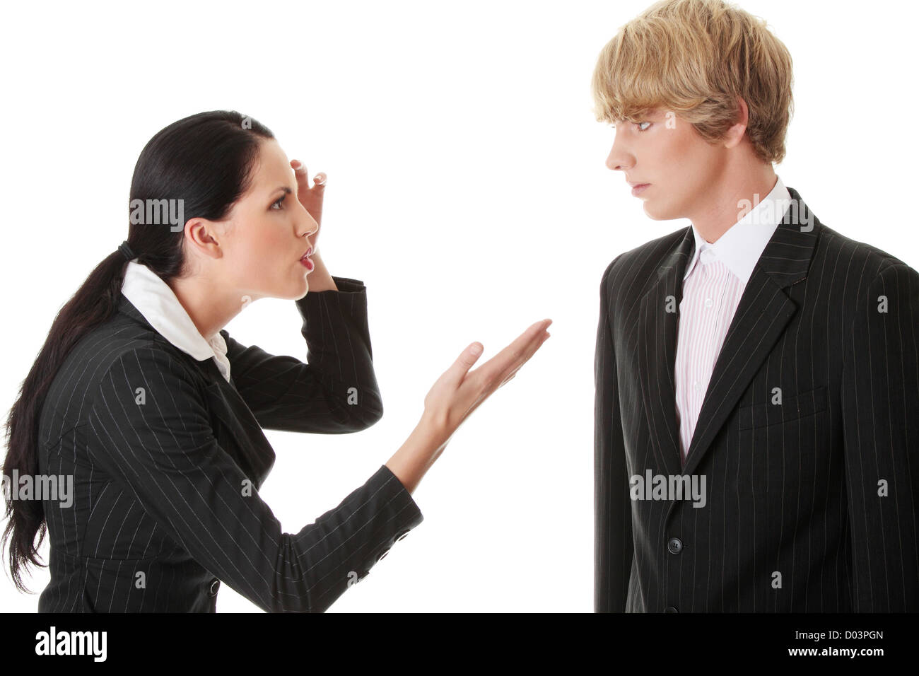 Work Colleagues arguing (woman shouting on man), isolated on white ...